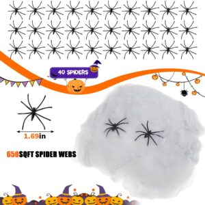 Spider Webs Halloween Decorations,650 Sqft Spider Webs with 40 Fake Spiders,Stretchable Cobwebs for Indoor/Outdoor Scary Atmosphere,Parties,Haunted Houses Spooky Window Home Outside Garden Tree Yard