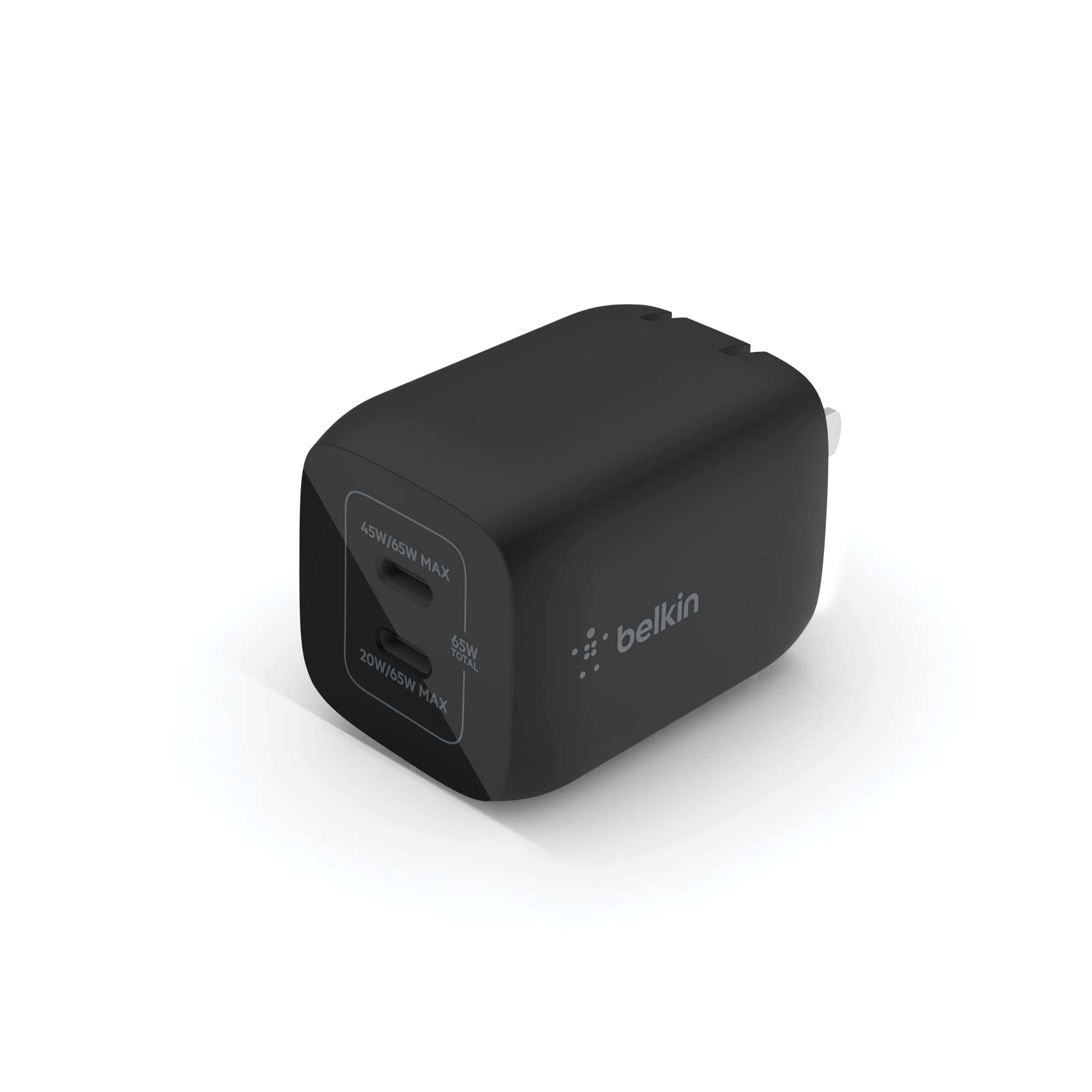 Belkin 65W Dual USB-C Wall Charger, Fast Charging PD 3.0 w/GaN Technology for iPhone Series, iPad Pro 12.9, MacBook, Galaxy Series, Tablet, & More - Black