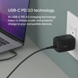 Belkin 65W Dual USB-C Wall Charger, Fast Charging PD 3.0 w/GaN Technology for iPhone Series, iPad Pro 12.9, MacBook, Galaxy Series, Tablet, & More - Black