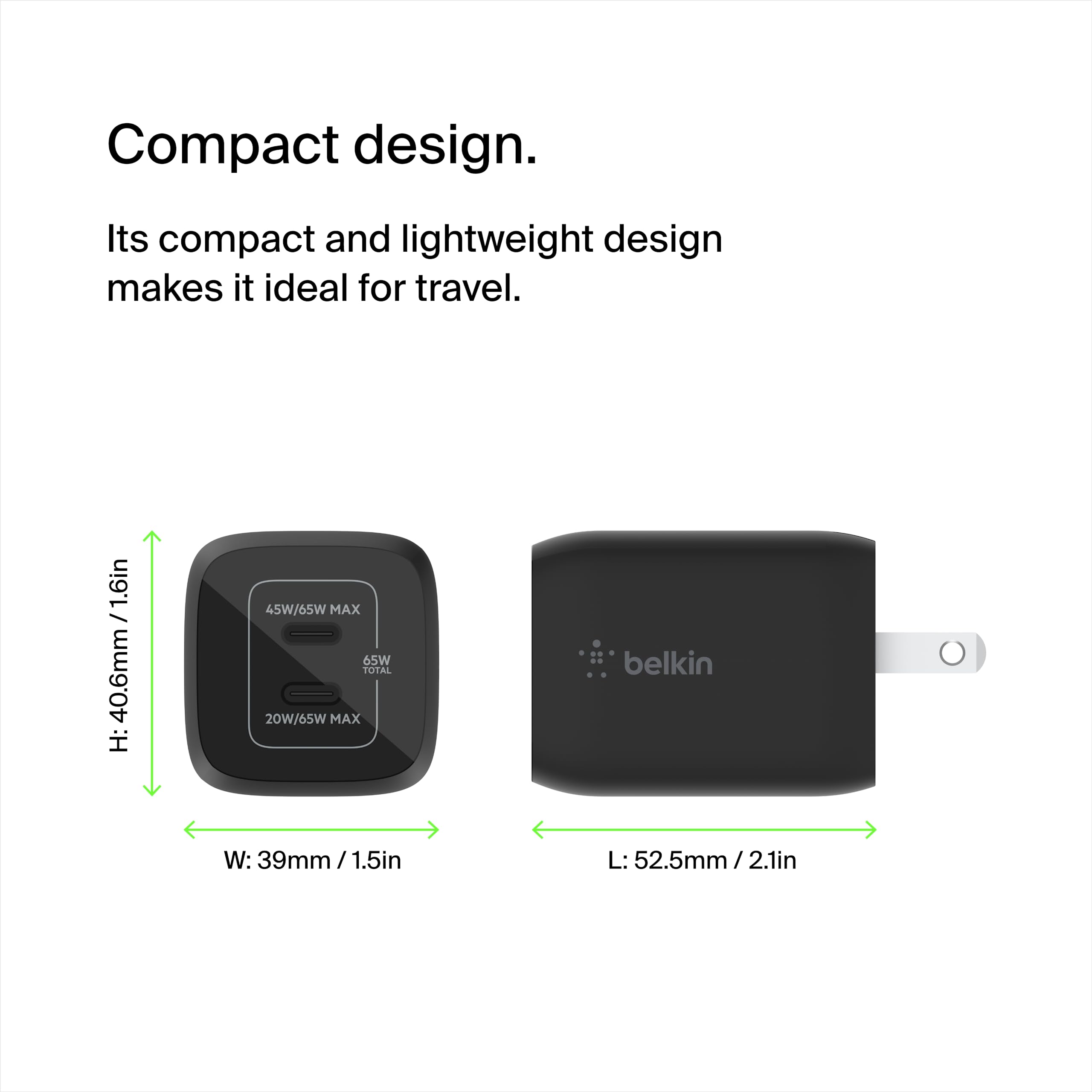 Belkin 65W Dual USB-C Wall Charger, Fast Charging PD 3.0 w/GaN Technology for iPhone Series, iPad Pro 12.9, MacBook, Galaxy Series, Tablet, & More - Black