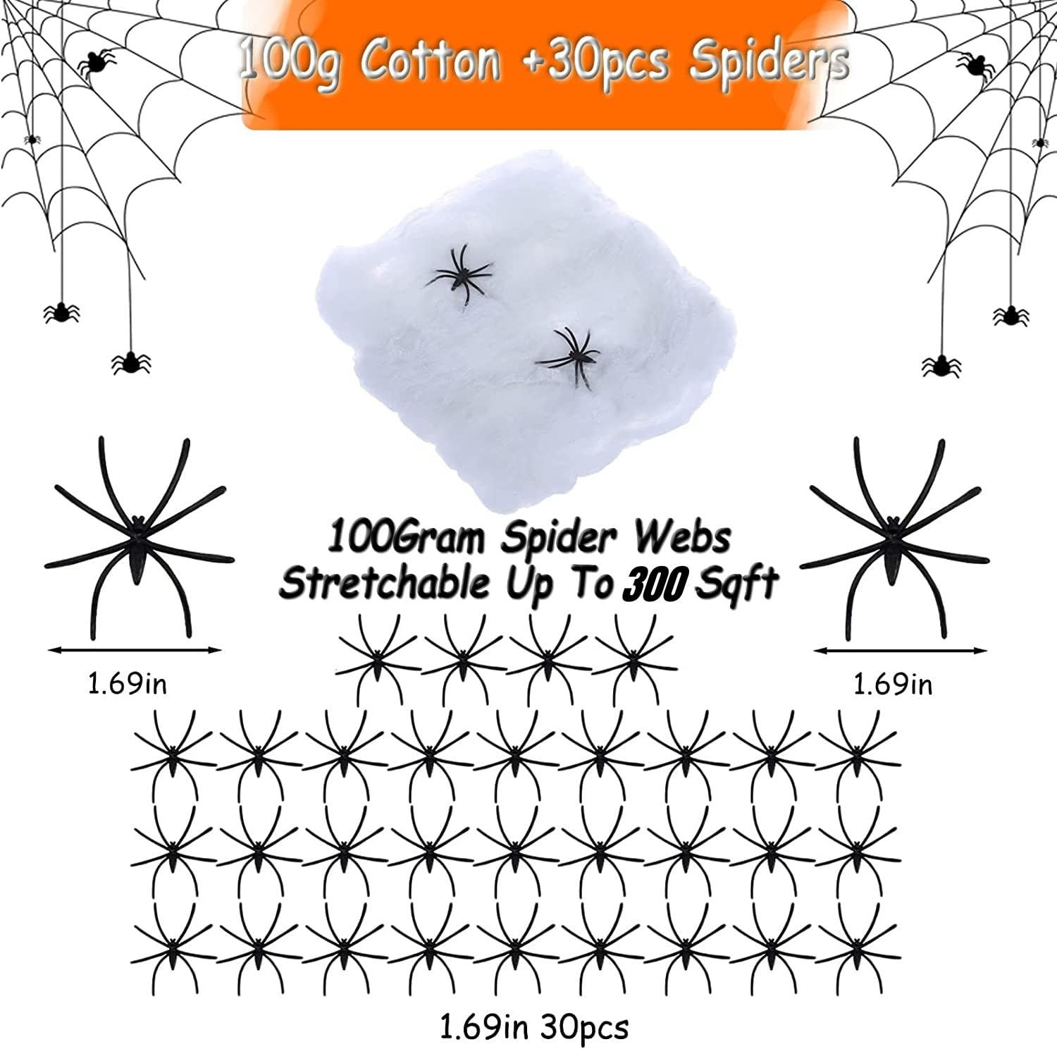 Spider Webs Halloween Decorations,300Sqft Spider Webs with30 Fake Spiders,Stretchable DIY Cobwebs for Indoor/Outdoor Scary Atmosphere,Outside Garden Window Yard Tree home office Parties,Haunted Houses