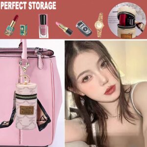 Voitead 2Pcs Lipstick Organizer, Luxury PU Leather Lip Gloss Bag, Mini Case with Keychain, Girls travel Lipgloss Makeup Storage Case for Purse Perfume Fingernail Polish Car key(Pink&White)