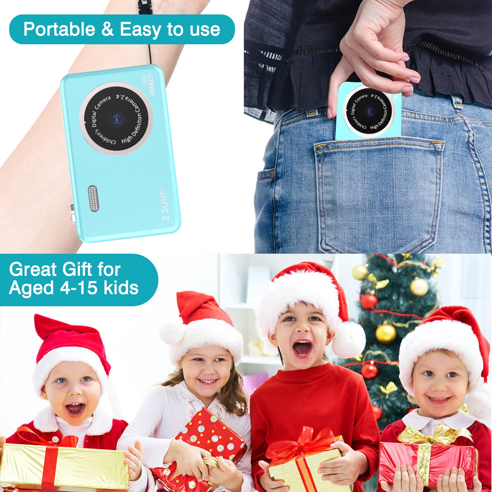 PUMIUI Digital Camera,48MP Kids Camera FHD 1080P,Vlogging Camera,Rechargeable Mini Camera with 32GB Card,Compact Portable Mini Rechargeable Camera Gifts for Students Teens Girls Boys Light-Blue