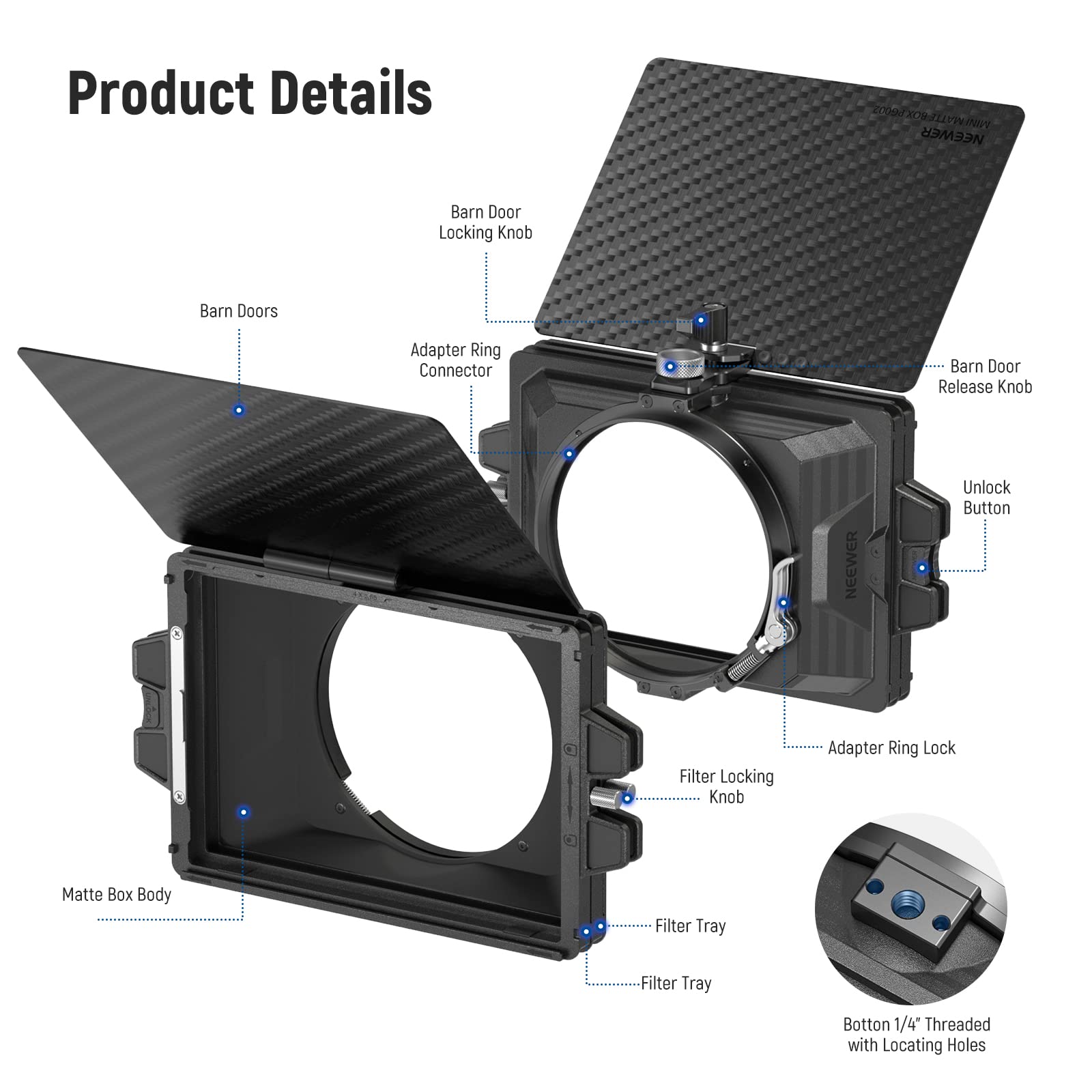 NEEWER Mini Matte Box with Two 4"x5.65" Filter Trays, Carbon Fiber Flag, 4 Circular Lens Ring Adapters (67/72/77/82mm), Compatible with SmallRig Accessory Compatible with K&F NISI TIFFEN Filter, PG002