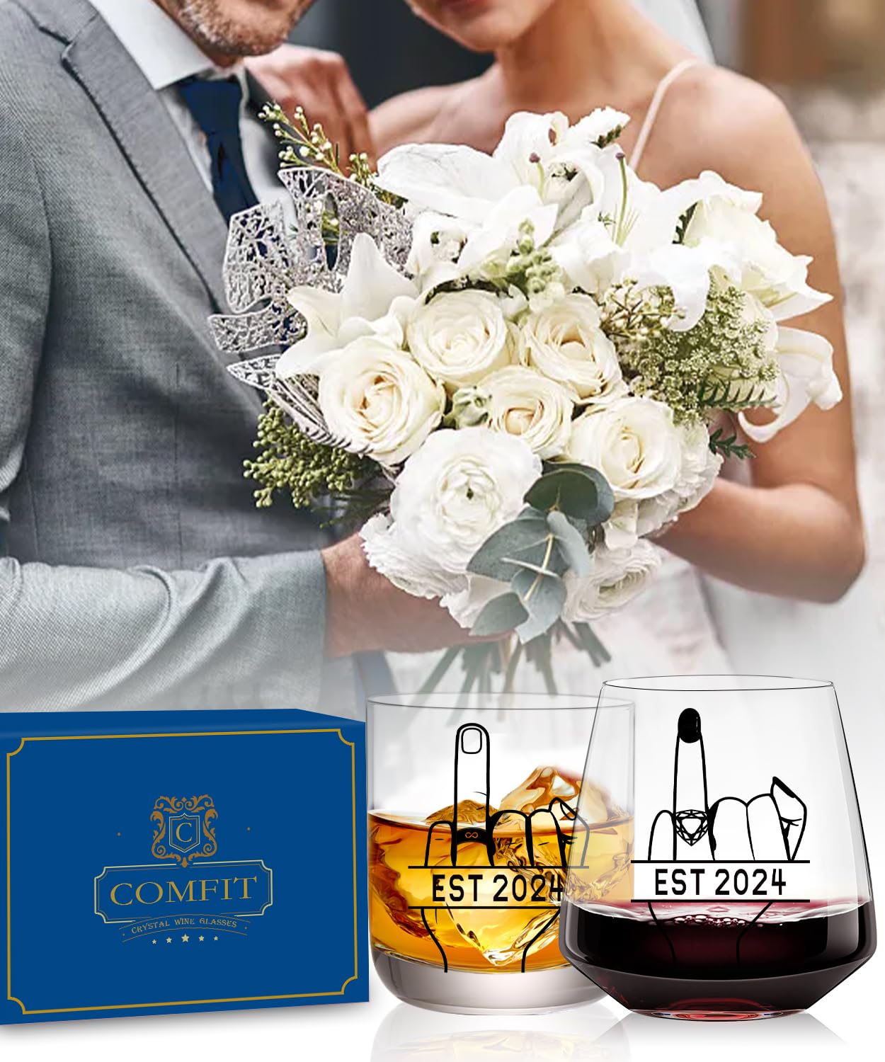 comfit Engagement Gifts for Couples - Bridal Shower Gifts - Wedding Gifts for Bride and Groom, His and Hers, Newlywed - Wine&Whiskey Glass Gift for Mr and Mrs