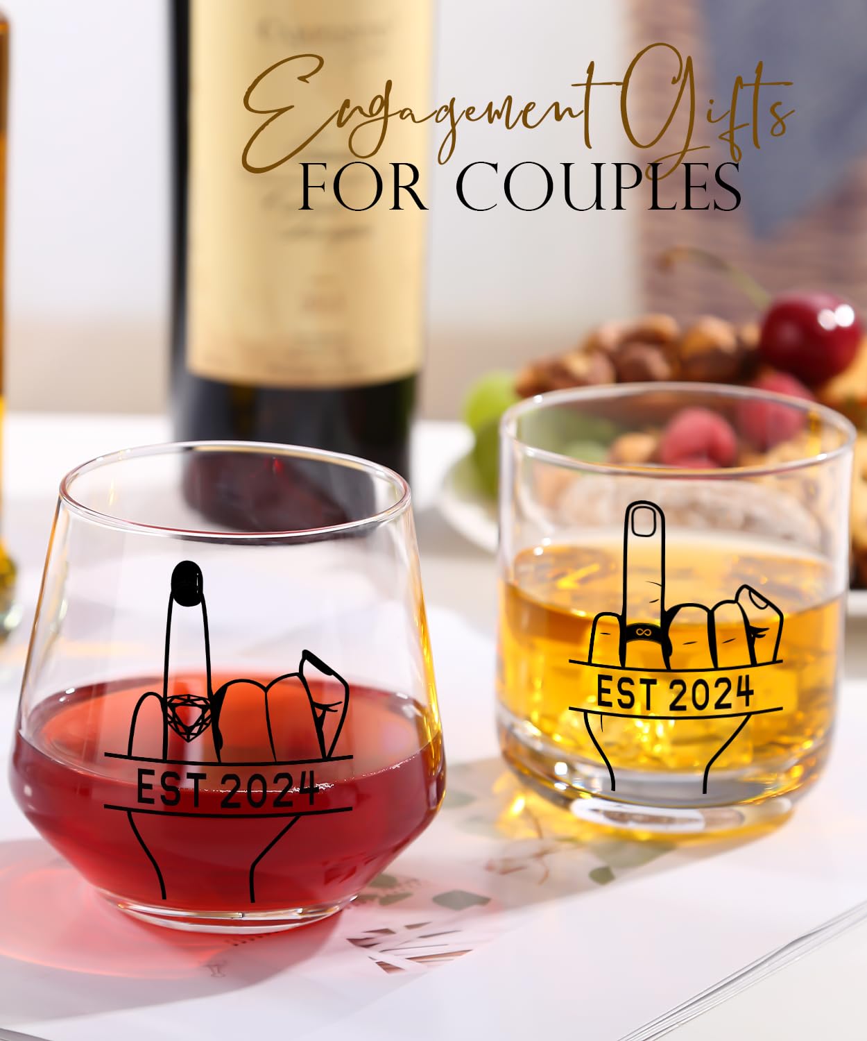 comfit Engagement Gifts for Couples - Bridal Shower Gifts - Wedding Gifts for Bride and Groom, His and Hers, Newlywed - Wine&Whiskey Glass Gift for Mr and Mrs