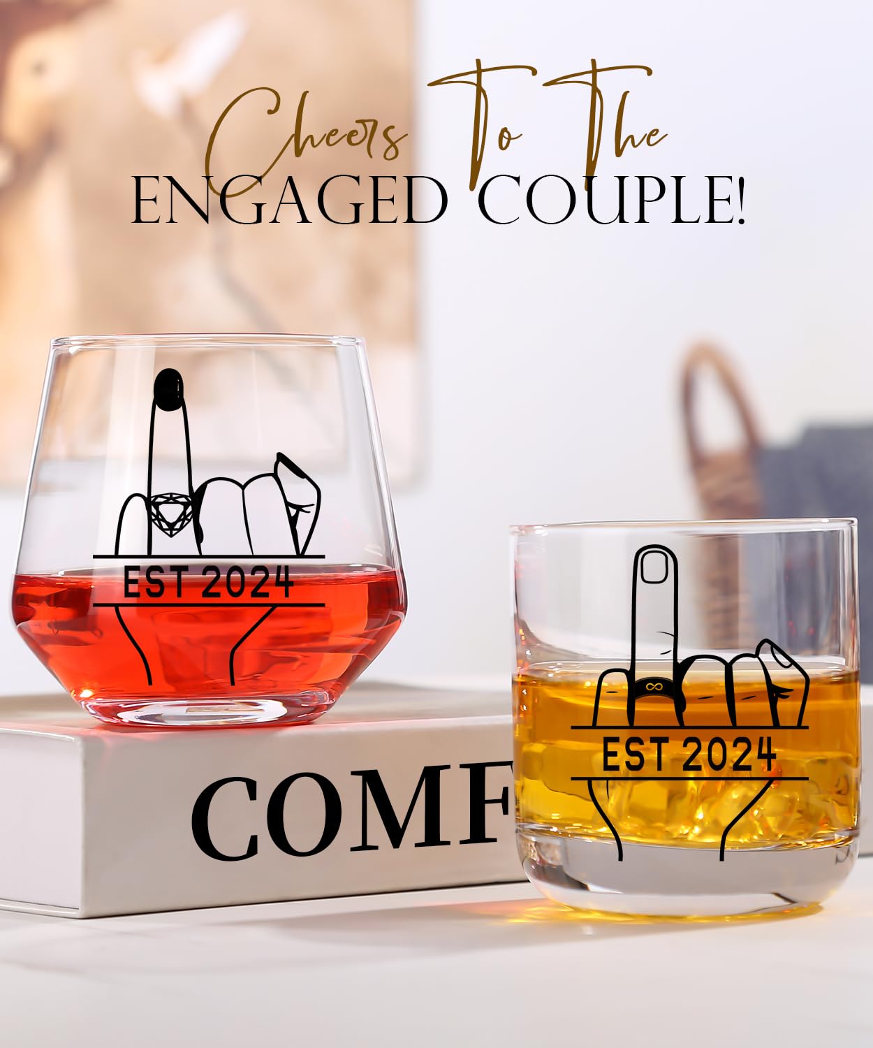 comfit Engagement Gifts for Couples - Bridal Shower Gifts - Wedding Gifts for Bride and Groom, His and Hers, Newlywed - Wine&Whiskey Glass Gift for Mr and Mrs