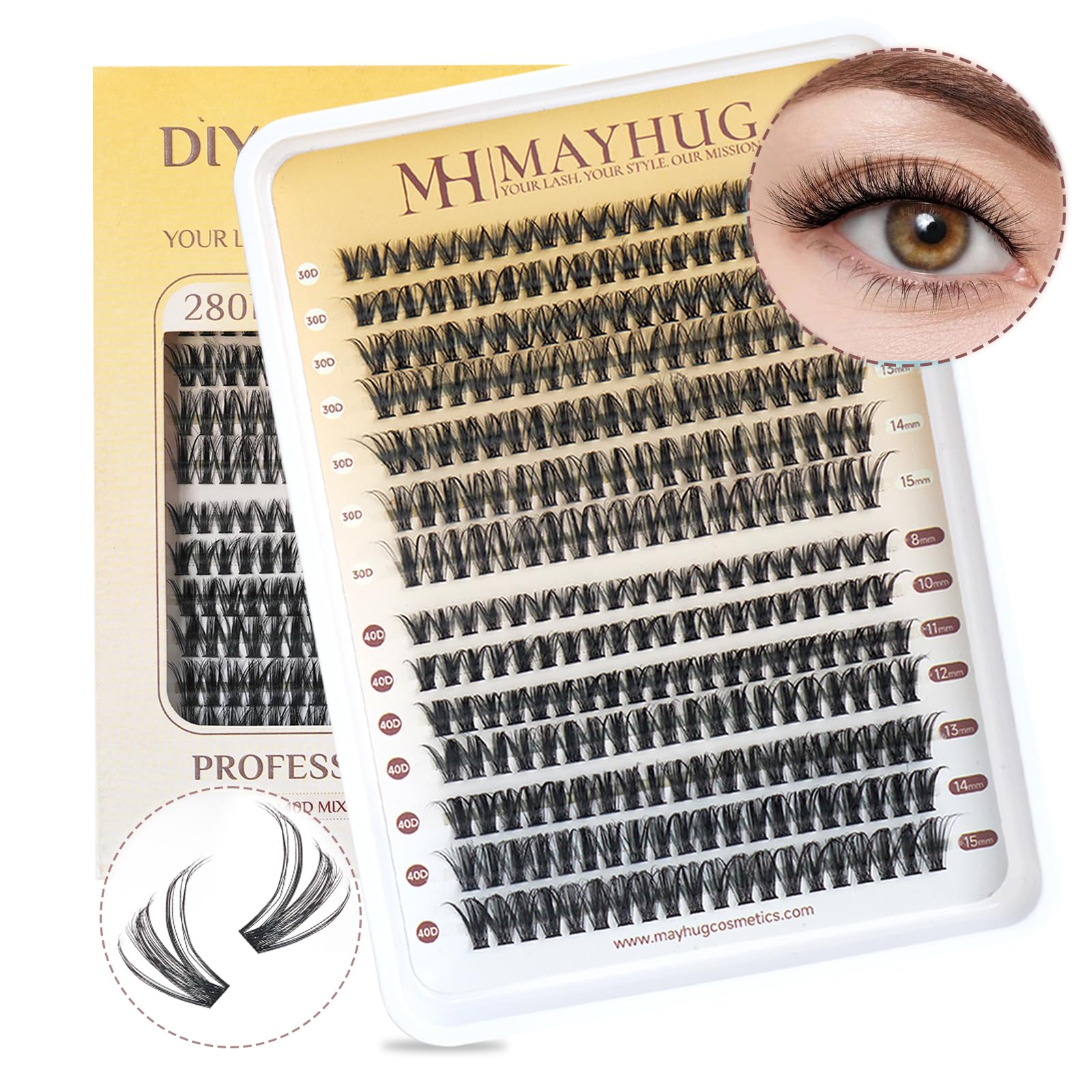 Mayhug Individual Lashes 280Pcs DIY Eyelash Extensions Individual Lashes Wispy Cluster Lashes D Curl 8-15Mix False Eyelashes Individual Extension Clusters at Home (30D+40D,0.05D)