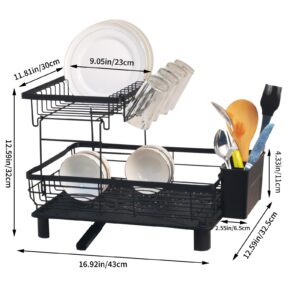 ORZ Dish Drying Rack, Dish Racks for Kitchen Counter, Black Metal Dish Drainer, Compact Dish Drying Rack with Drainboard, Kitchen Drying Rack for Dishes (Black 2 Tier)