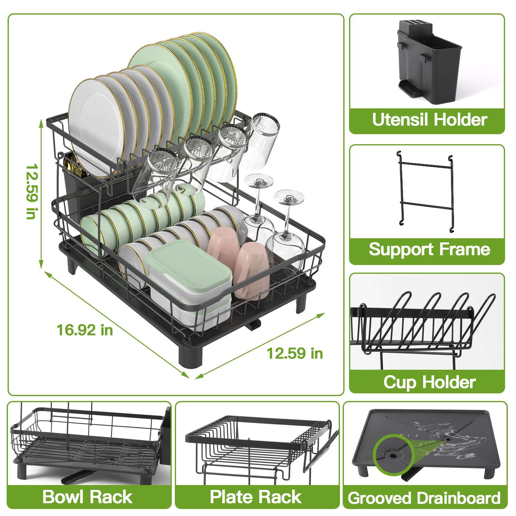 ORZ Dish Drying Rack, Dish Racks for Kitchen Counter, Black Metal Dish Drainer, Compact Dish Drying Rack with Drainboard, Kitchen Drying Rack for Dishes (Black 2 Tier)