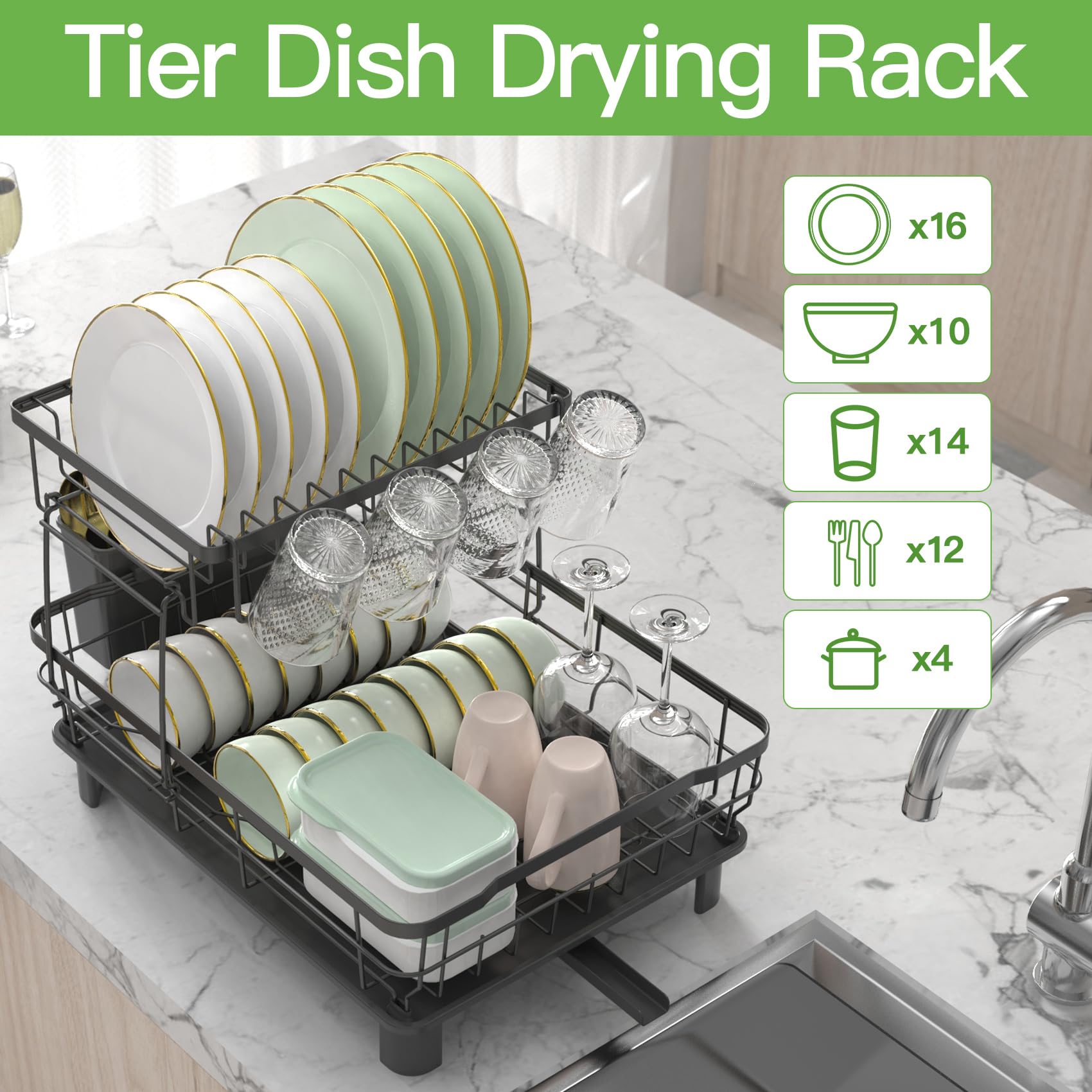 ORZ Dish Drying Rack, Dish Racks for Kitchen Counter, Black Metal Dish Drainer, Compact Dish Drying Rack with Drainboard, Kitchen Drying Rack for Dishes (Black 2 Tier)