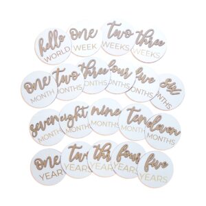 Wooden 3D Monthly Milestone Discs for Baby Photos (20 pcs Set), First Year Monthly Milestone Marker, Includes 1-5 Years, White Stained