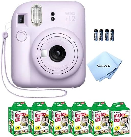 Fujifilm Mini 12 Instant Camera Starter Bundle: Includes Mini Film Value Pack (60 Sheets) + 4 Pack AA Batteries + Lens Cleaning Cloth (Lilac Purple)