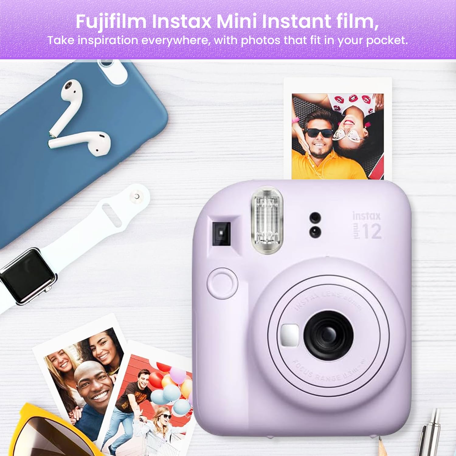 Fujifilm Mini 12 Instant Camera Starter Bundle: Includes Mini Film Value Pack (60 Sheets) + 4 Pack AA Batteries + Lens Cleaning Cloth (Lilac Purple)