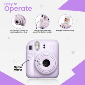 Fujifilm Mini 12 Instant Camera Starter Bundle: Includes Mini Film Value Pack (60 Sheets) + 4 Pack AA Batteries + Lens Cleaning Cloth (Lilac Purple)