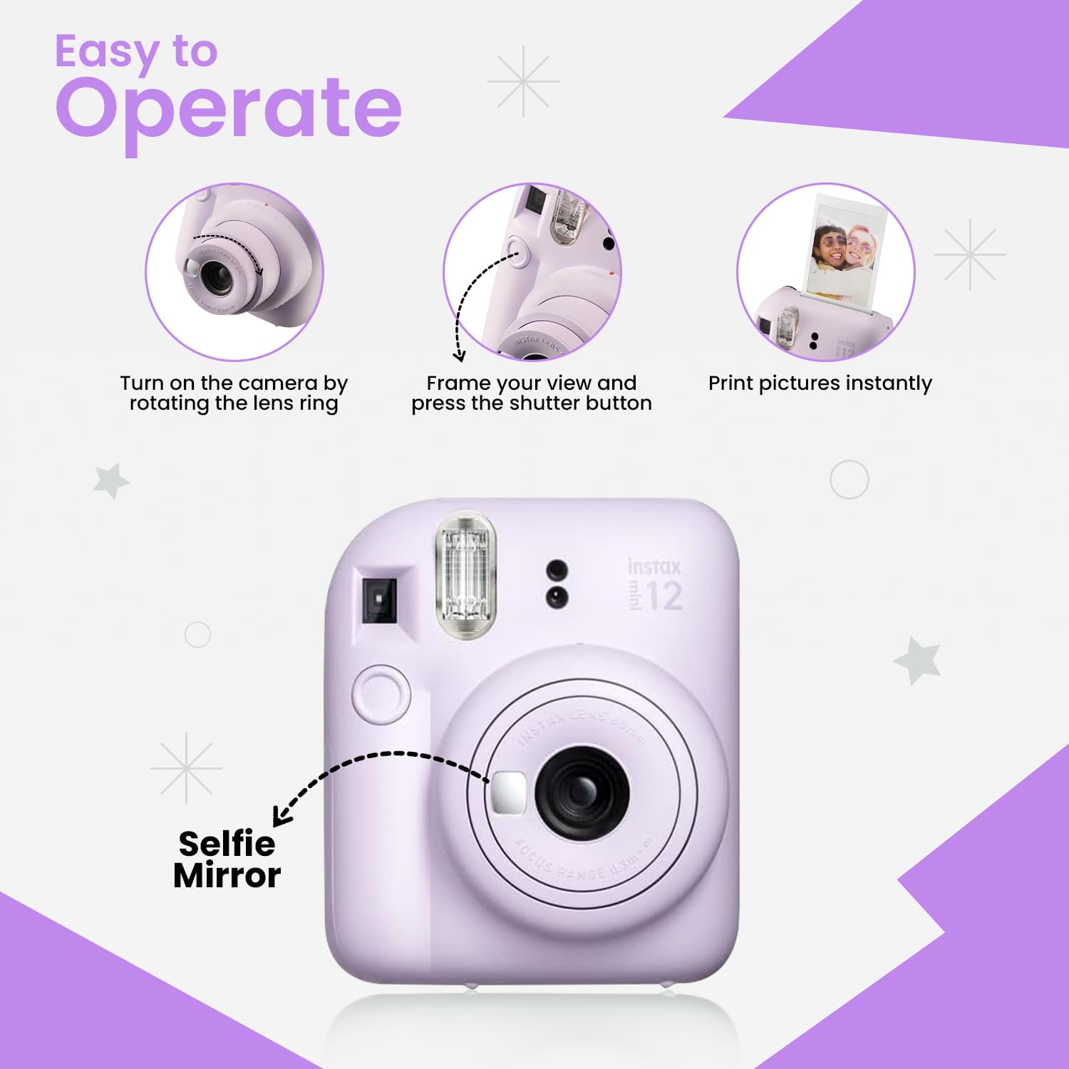 Fujifilm Mini 12 Instant Camera Starter Bundle: Includes Mini Film Value Pack (60 Sheets) + 4 Pack AA Batteries + Lens Cleaning Cloth (Lilac Purple)