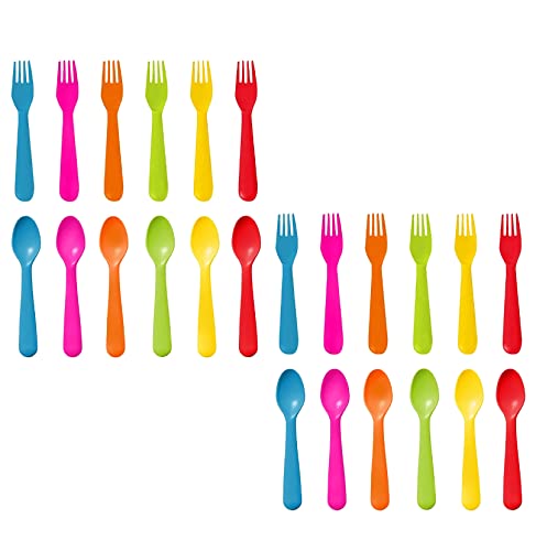 PLASKIDY Plastic Toddler Utensils Set of 24 Kids Utensils Forks and Spoons - BPA FREE/Dishwasher Safe Toddlers Silverware Set Brightly Colored Children's Safe Flatware Cutlery Set