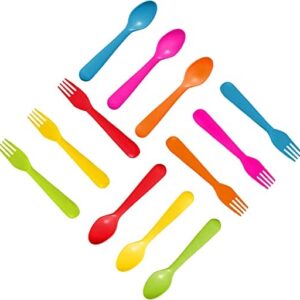 PLASKIDY Plastic Toddler Utensils Set of 24 Kids Utensils Forks and Spoons - BPA FREE/Dishwasher Safe Toddlers Silverware Set Brightly Colored Children's Safe Flatware Cutlery Set