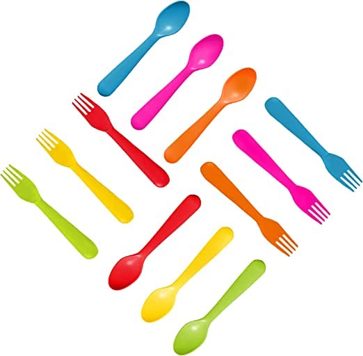 PLASKIDY Plastic Toddler Utensils Set of 24 Kids Utensils Forks and Spoons - BPA FREE/Dishwasher Safe Toddlers Silverware Set Brightly Colored Children's Safe Flatware Cutlery Set