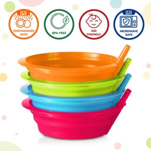 PLASKIDY Kids Cereal Bowls with Straws - Set of 6 Plastic Bowl with Straw For kids BPA Free Dishwasher and Microwave Safe - 22 Oz Toddlers Bowls with Built-In Straws Includes 3 Cleaning Brushes