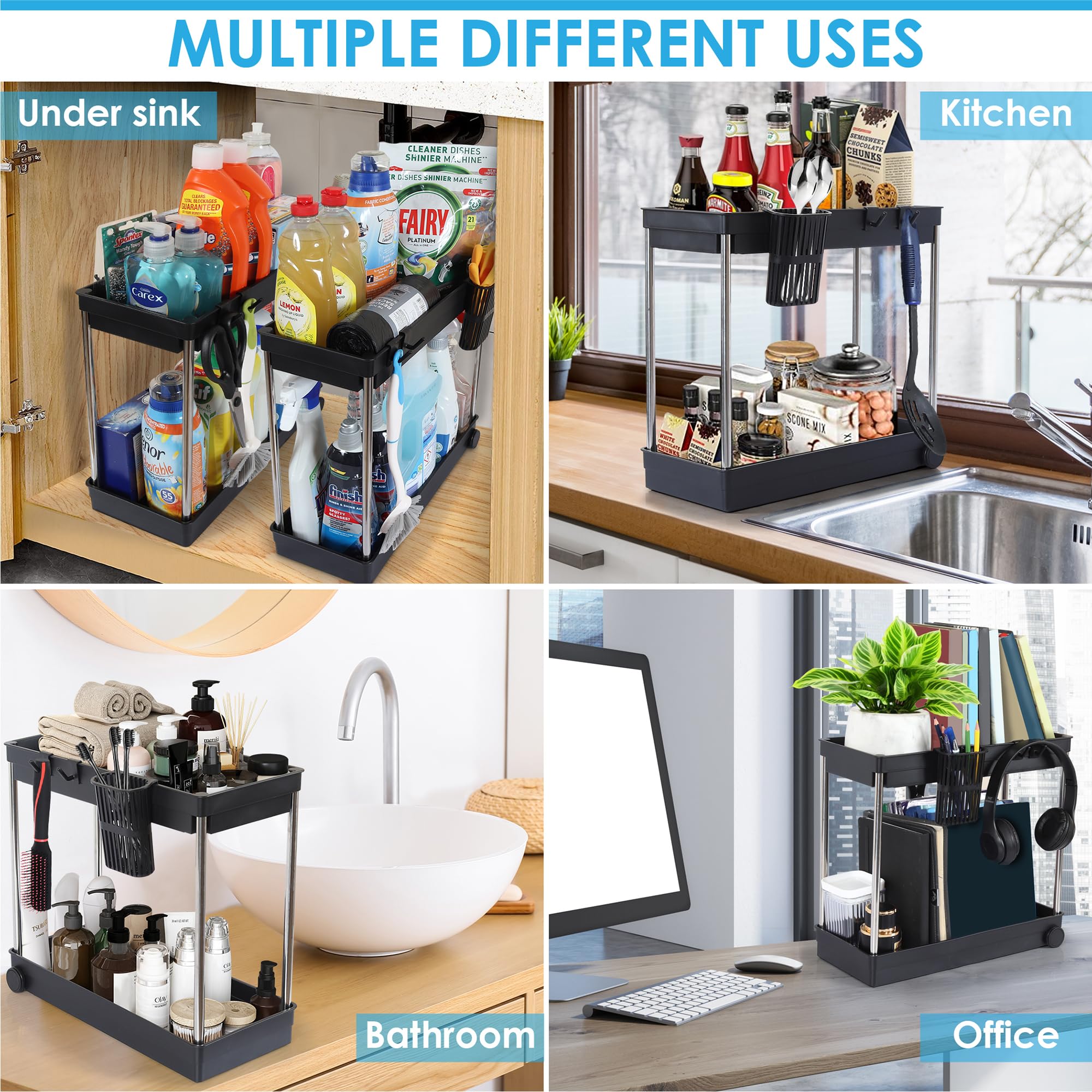 Under Sink Organization and Storage 3-Pack Bundle – 2 Two Tier Organizers and 1 Pan Organizer Rack – Organize your Kitchen, Cabinet and Under Sink Area