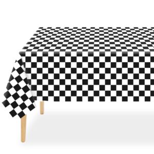 qiksion 6 pack black and white checkered tablecloth black checkered flag tablecloth, disposable plastic gingham table cover for parties, outdoor picnic, race car birthday party(54 × 108 inch)