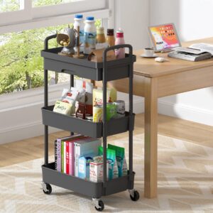 Dttwacoyh 3-Tier Rolling Cart，Trolley with Drawer, Multifunctional Storage Organizer with Plastic Shelf & Metal Wheels, Kitchen Storage Cart for Living Room, Kitchen, Office, Bathroom, White