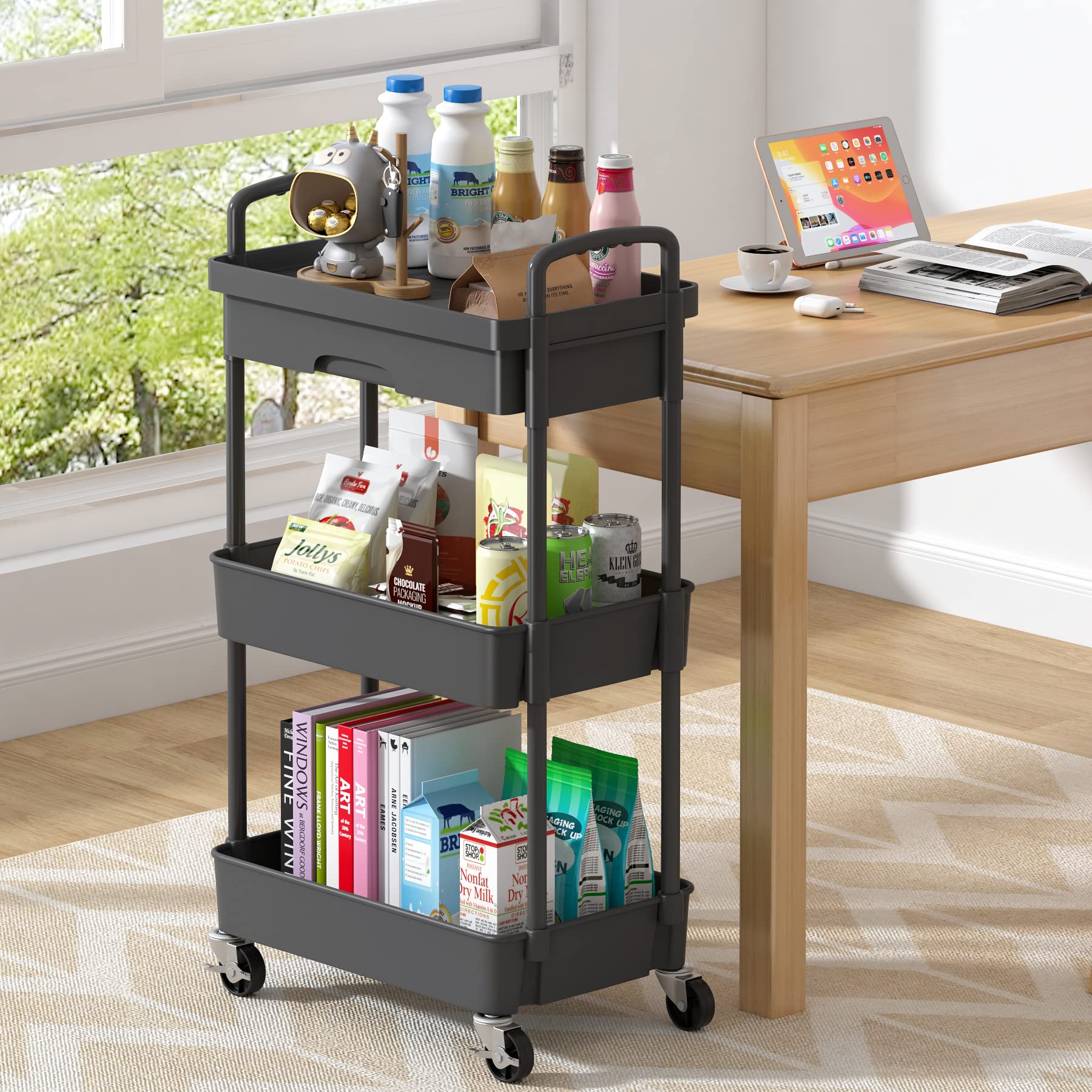 Dttwacoyh 3-Tier Rolling Cart，Trolley with Drawer, Multifunctional Storage Organizer with Plastic Shelf & Metal Wheels, Kitchen Storage Cart for Living Room, Kitchen, Office, Bathroom, White