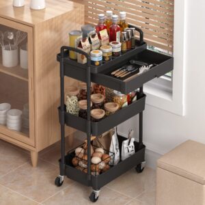 Dttwacoyh 3-Tier Rolling Cart，Trolley with Drawer, Multifunctional Storage Organizer with Plastic Shelf & Metal Wheels, Kitchen Storage Cart for Living Room, Kitchen, Office, Bathroom, White