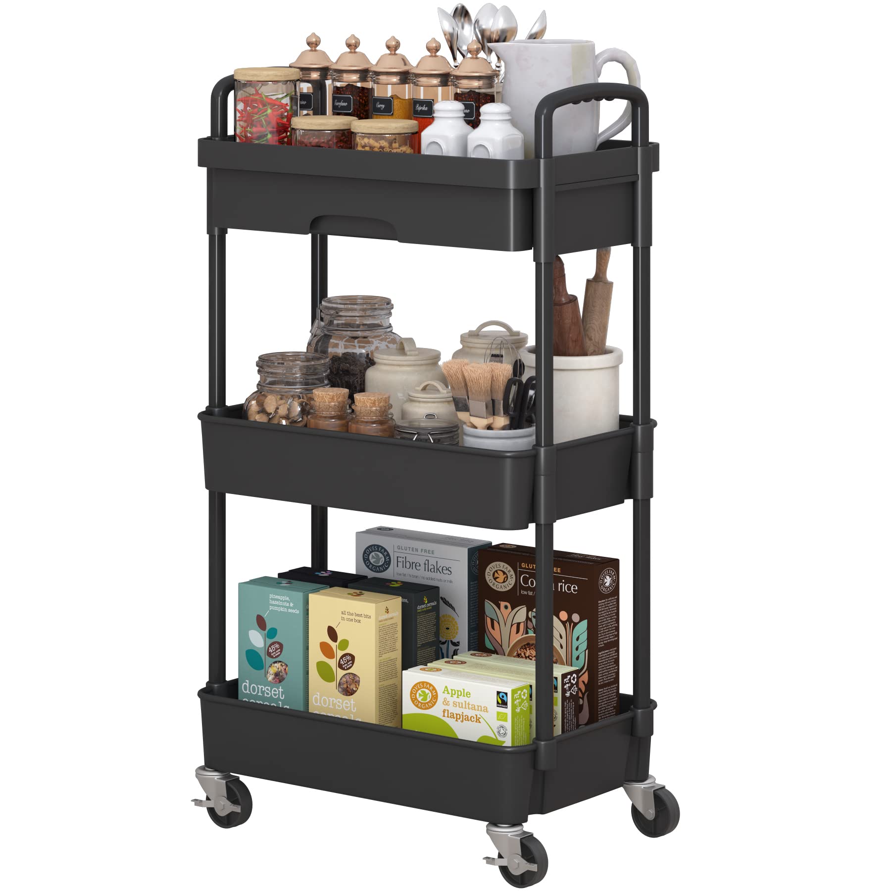 Dttwacoyh 3-Tier Rolling Cart，Trolley with Drawer, Multifunctional Storage Organizer with Plastic Shelf & Metal Wheels, Kitchen Storage Cart for Living Room, Kitchen, Office, Bathroom, White