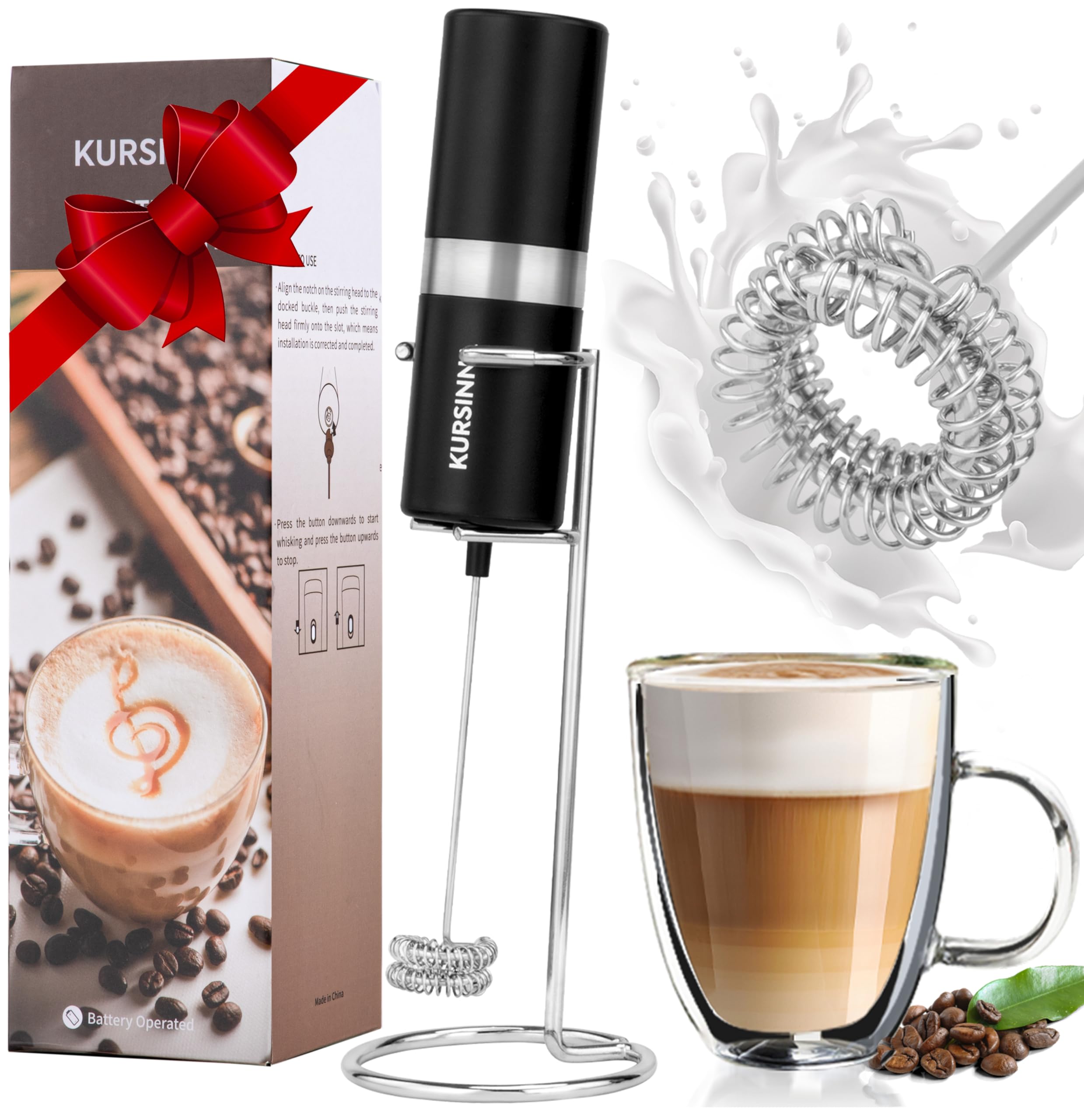 KURSINNA Powerful Milk Frother Handheld Battery Operated, Double Whisk Foam Frother Maker with Stainless Steel Stand, Drink Mixer For Coffee, Lattes, Matcha, Cappuccino (13000RPM Battery Operated)