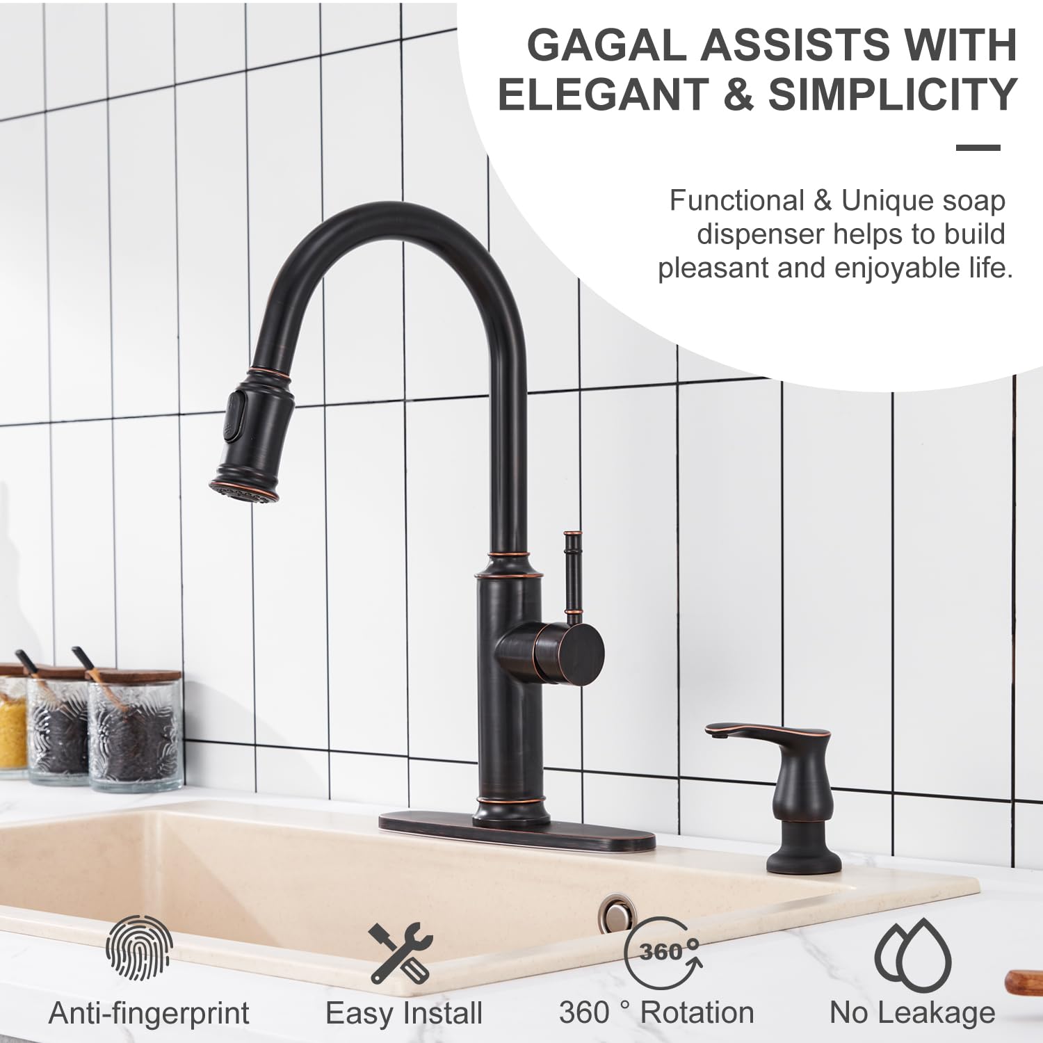 GAGALIFE Kitchen Sink Soap Dispenser Oil Rubbed Bronze, Built in Soap Dispenser with 13 OZ Bottle, Refill from The Top, Liquid Dispenser for Kitchen Sink