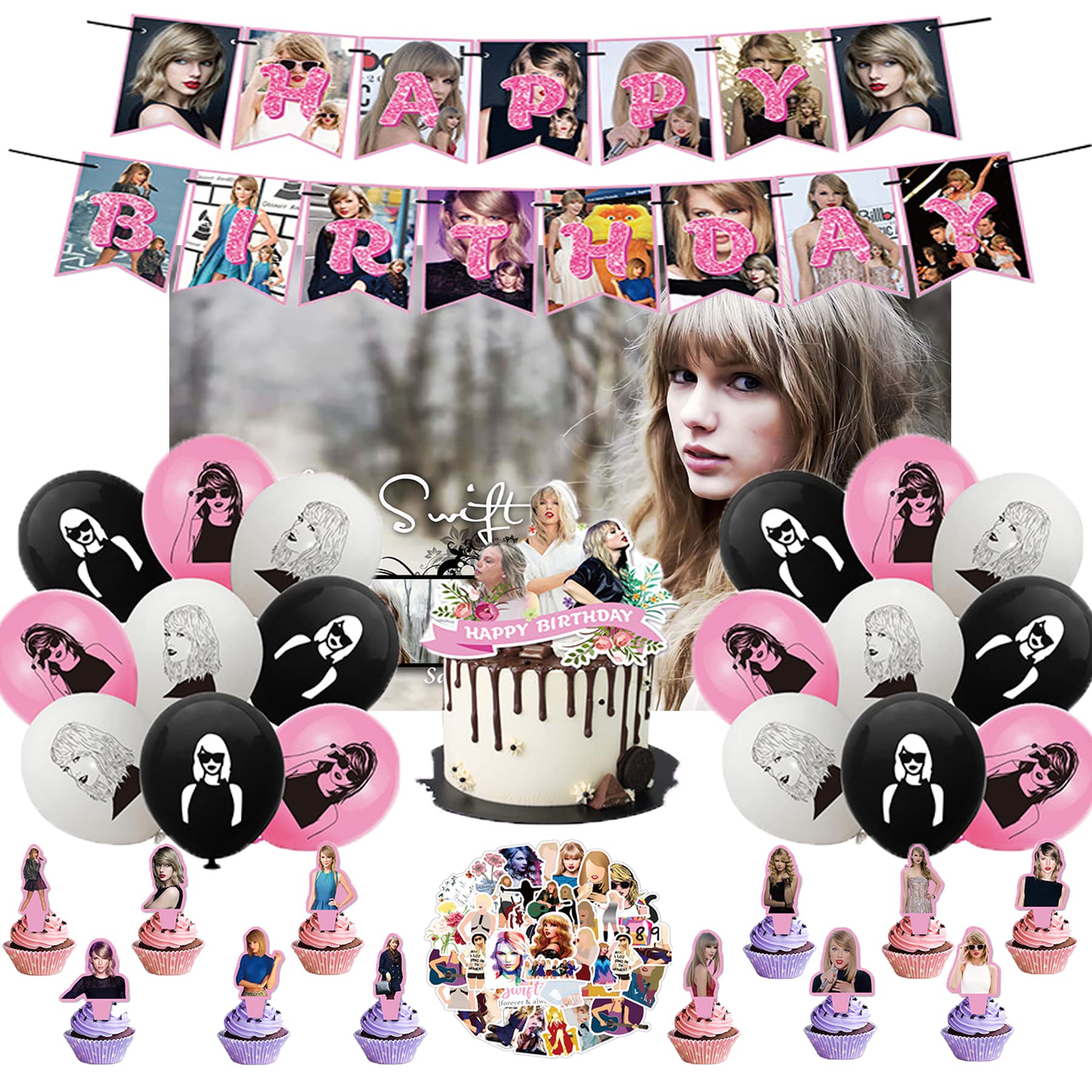 Tay-lor Birthday Party Decorations Set,Tay-lor Party Favors Set-Includes 1 Backdrop,1 Happy Birthday Banner,18 Balloons,1 Cake Topper,12 Cupcake Toppers,50 Stickers,for Fans Party Decor