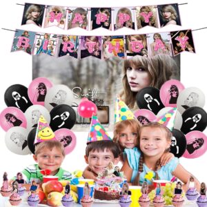 Tay-lor Birthday Party Decorations Set,Tay-lor Party Favors Set-Includes 1 Backdrop,1 Happy Birthday Banner,18 Balloons,1 Cake Topper,12 Cupcake Toppers,50 Stickers,for Fans Party Decor