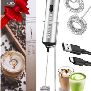 KURSINNA Powerful Rechargeable Milk Frother Handheld, USB-C Charge Foam Maker with 2 Stainless Steel Whisk & Stand, Powerful Mini Mixer Coffee Frother for Frappe, Latte, Matcha (13000RPM USB-C Charge)