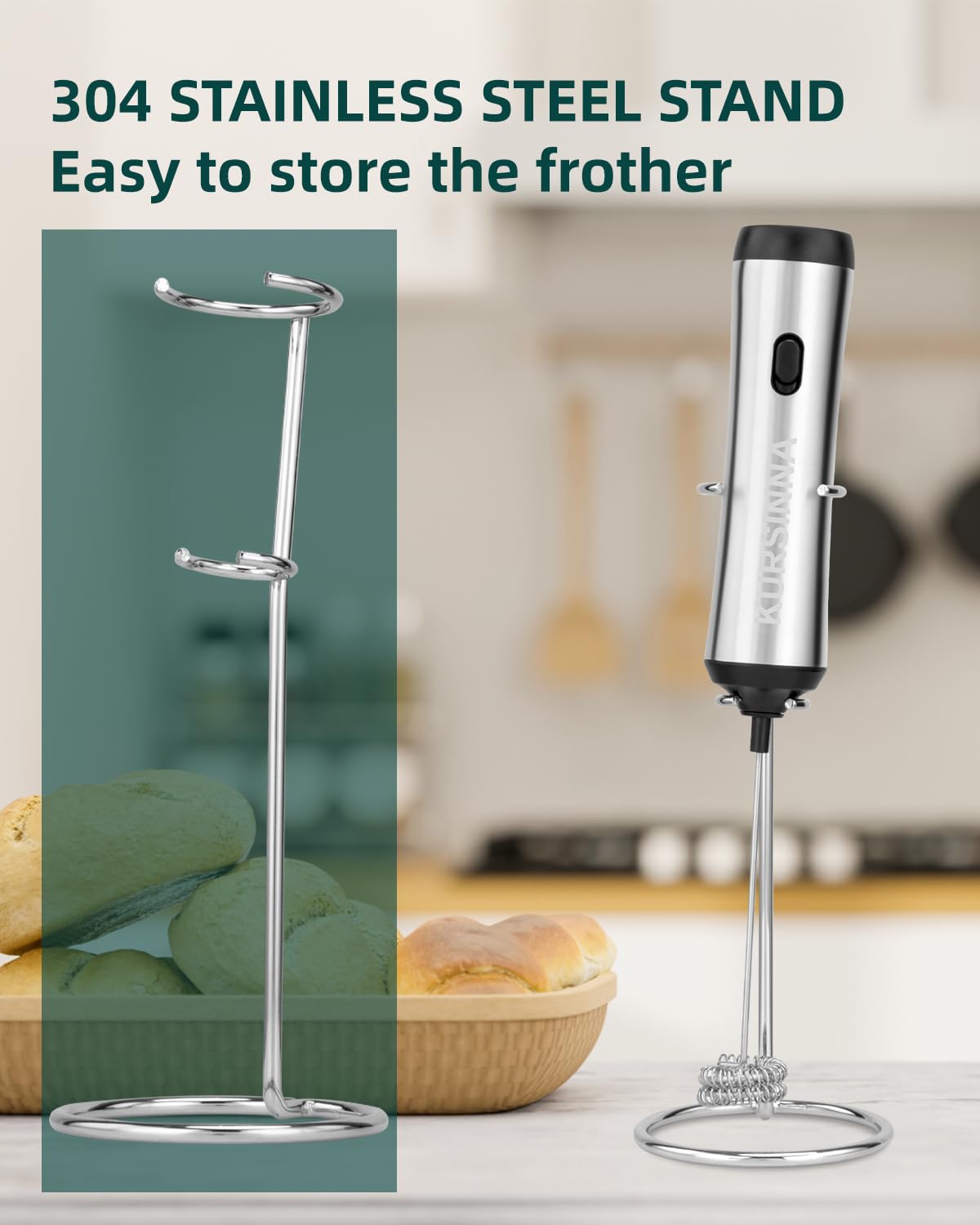 KURSINNA Powerful Rechargeable Milk Frother Handheld, USB-C Charge Foam Maker with 2 Stainless Steel Whisk & Stand, Powerful Mini Mixer Coffee Frother for Frappe, Latte, Matcha (13000RPM USB-C Charge)