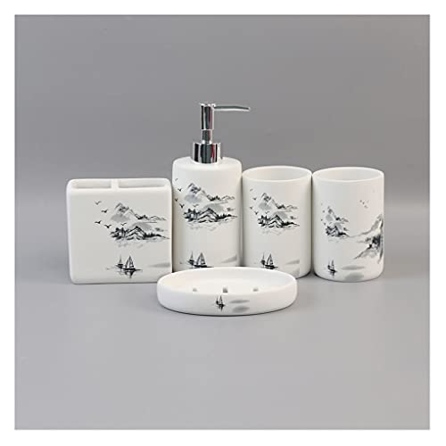 SUNESA Soap Dispenser Bathroom Accessories Set - 5pcs Resin Bathroom Sets for Hotel Restroom Apartment Including Soap Dispenser Toothbrush Tumbler Soap Dish and Tray (White) Bathroom Soap Dispenser