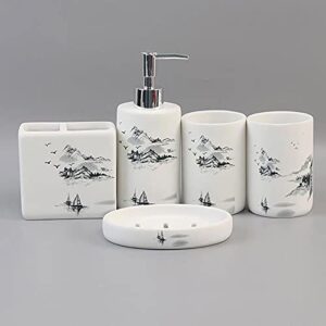 SUNESA Soap Dispenser Bathroom Accessories Set - 5pcs Resin Bathroom Sets for Hotel Restroom Apartment Including Soap Dispenser Toothbrush Tumbler Soap Dish and Tray (White) Bathroom Soap Dispenser