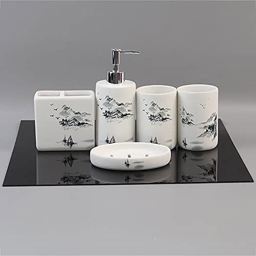 SUNESA Soap Dispenser Bathroom Accessories Set - 5pcs Resin Bathroom Sets for Hotel Restroom Apartment Including Soap Dispenser Toothbrush Tumbler Soap Dish and Tray (White) Bathroom Soap Dispenser