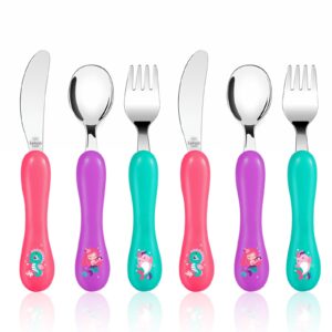 lehoo castle toddler utensils kids silverware, 6pcs safety stainless steel toddler fork spoon knife set, children flatware set, safety utensils for toddler and children (purple)