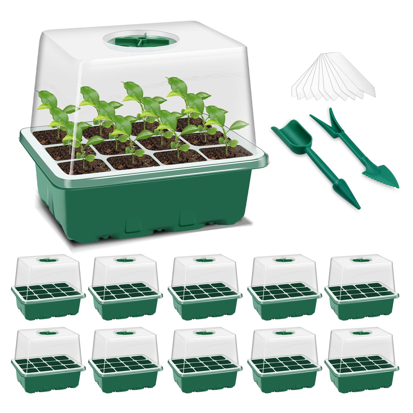 Maylaviu Seed Starter Tray, 10 Pack Seed Starter kit with Adjustable Humidity Dome, Higher Cover Green Propagation Tray, Seedling Starter Trays Mini Greenhouse Indoor for Gardens (120 Cells)