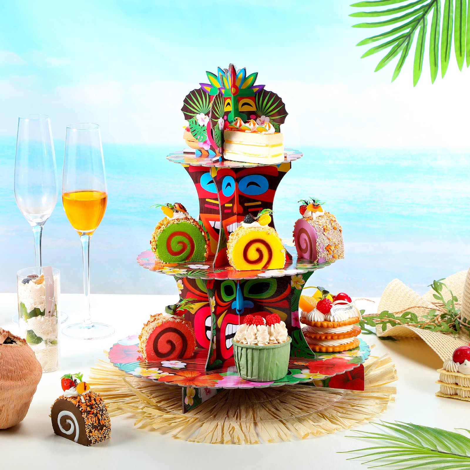 3 Tier Hawaiian Cupcake Stand Tiki Torch Cupcake Holder Luau Theme Cake Holder Decorations Tropical Cupcake Dessert Holder for Pool Beach Summer Graduation Birthday Party Supplies