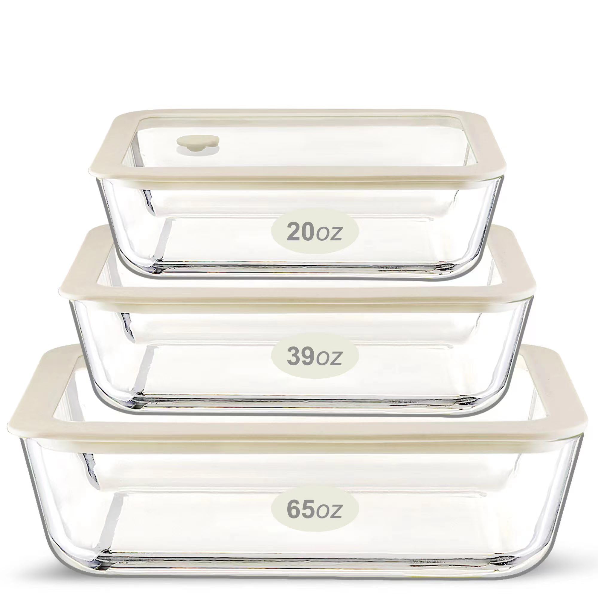 Glass Food Container Set with Glass Lid, Large Size 3 Pack, Glass Food Storage Containers with Silicone Framed Glass Lid, Glass Food Containers with Airtight Lids, Leakproof, 100% Plastic Free