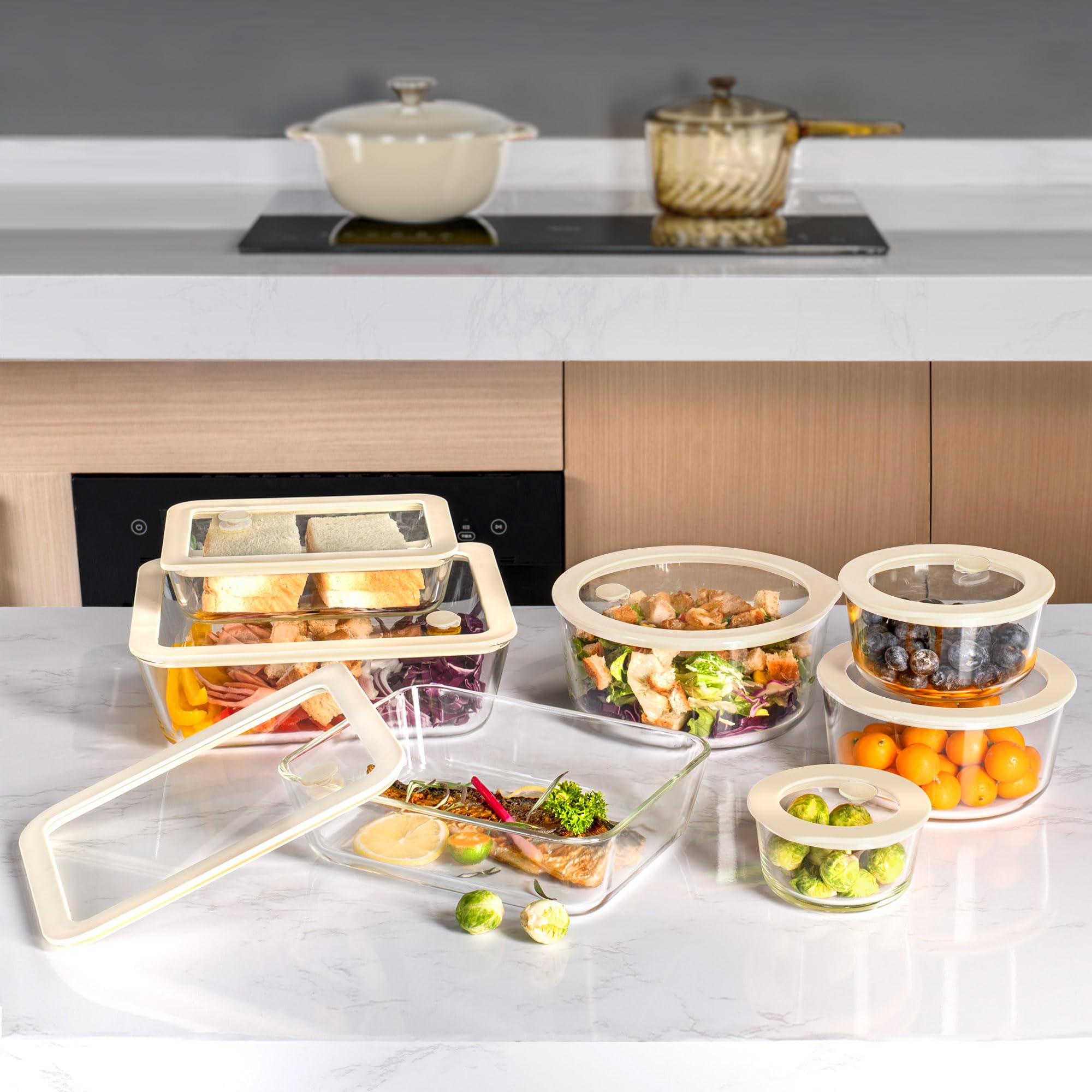 Glass Food Container Set with Glass Lid, Large Size 3 Pack, Glass Food Storage Containers with Silicone Framed Glass Lid, Glass Food Containers with Airtight Lids, Leakproof, 100% Plastic Free