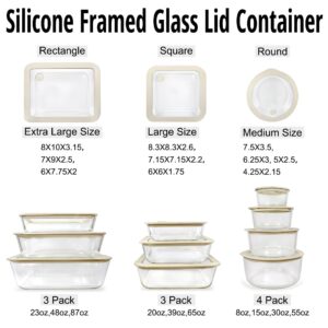 Glass Food Container Set with Glass Lid, Large Size 3 Pack, Glass Food Storage Containers with Silicone Framed Glass Lid, Glass Food Containers with Airtight Lids, Leakproof, 100% Plastic Free