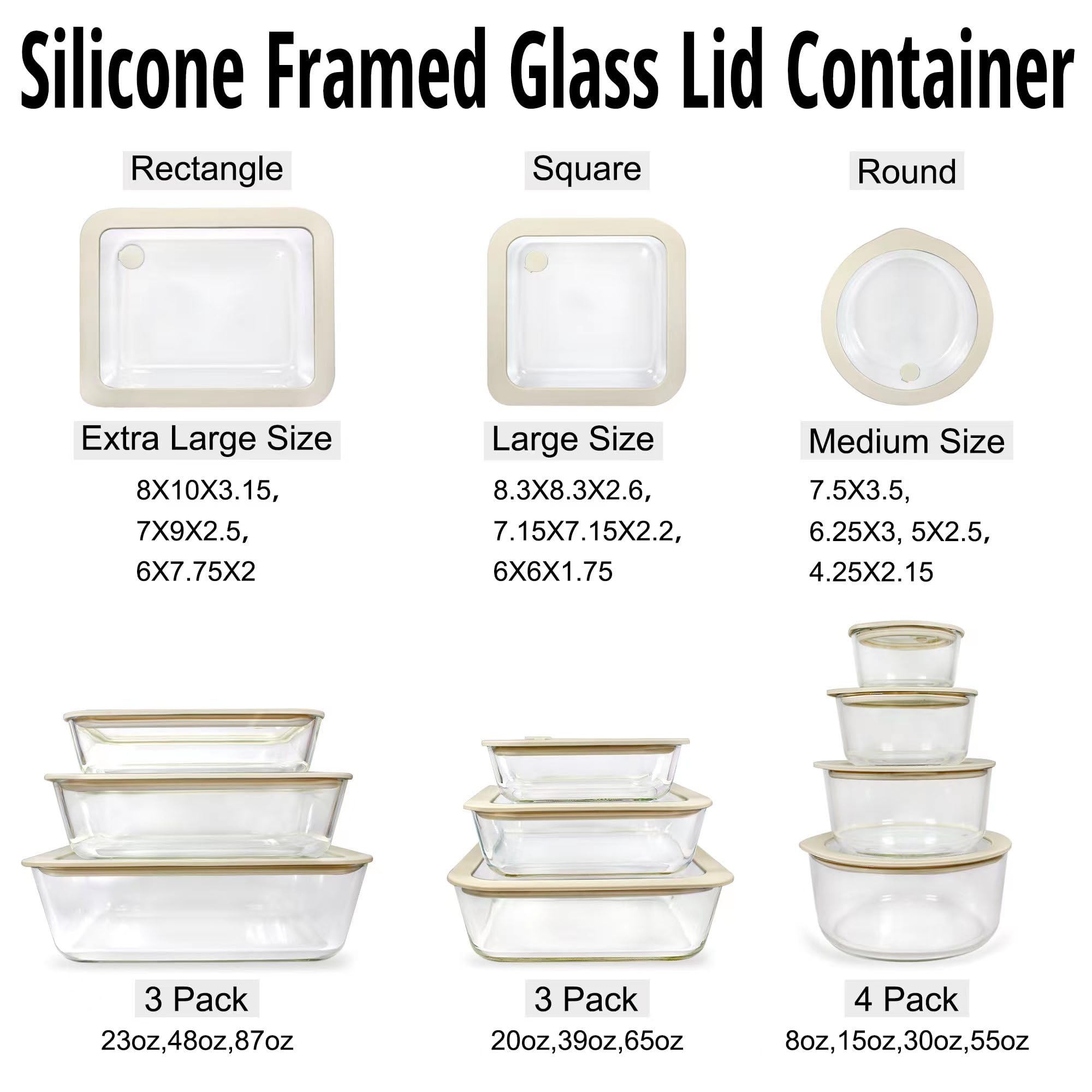 Glass Food Container Set with Glass Lid, Large Size 3 Pack, Glass Food Storage Containers with Silicone Framed Glass Lid, Glass Food Containers with Airtight Lids, Leakproof, 100% Plastic Free