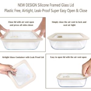 Glass Food Container Set with Glass Lid, Large Size 3 Pack, Glass Food Storage Containers with Silicone Framed Glass Lid, Glass Food Containers with Airtight Lids, Leakproof, 100% Plastic Free