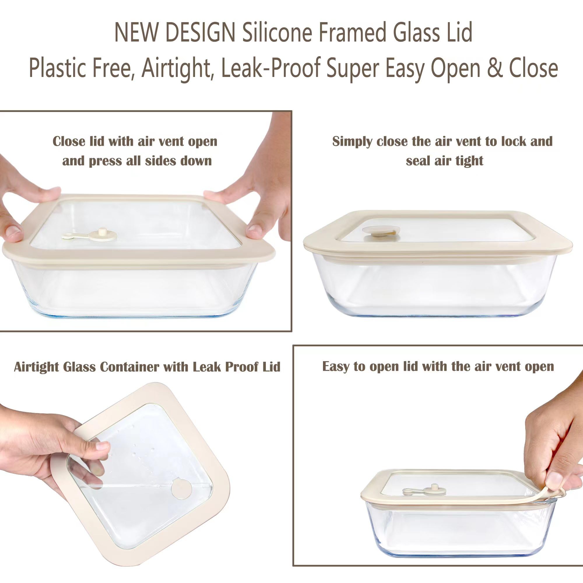 Glass Food Container Set with Glass Lid, Large Size 3 Pack, Glass Food Storage Containers with Silicone Framed Glass Lid, Glass Food Containers with Airtight Lids, Leakproof, 100% Plastic Free