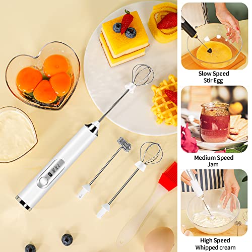 Milk Frother Handheld USB Rechargeable Milk Foam Maker with 2 Stainless Whisks, Mini Blender Mixer 3 Speeds Adjustable for Coffee, Latte, Cappuccino, Matcha, Hot Chocolate, Egg, White