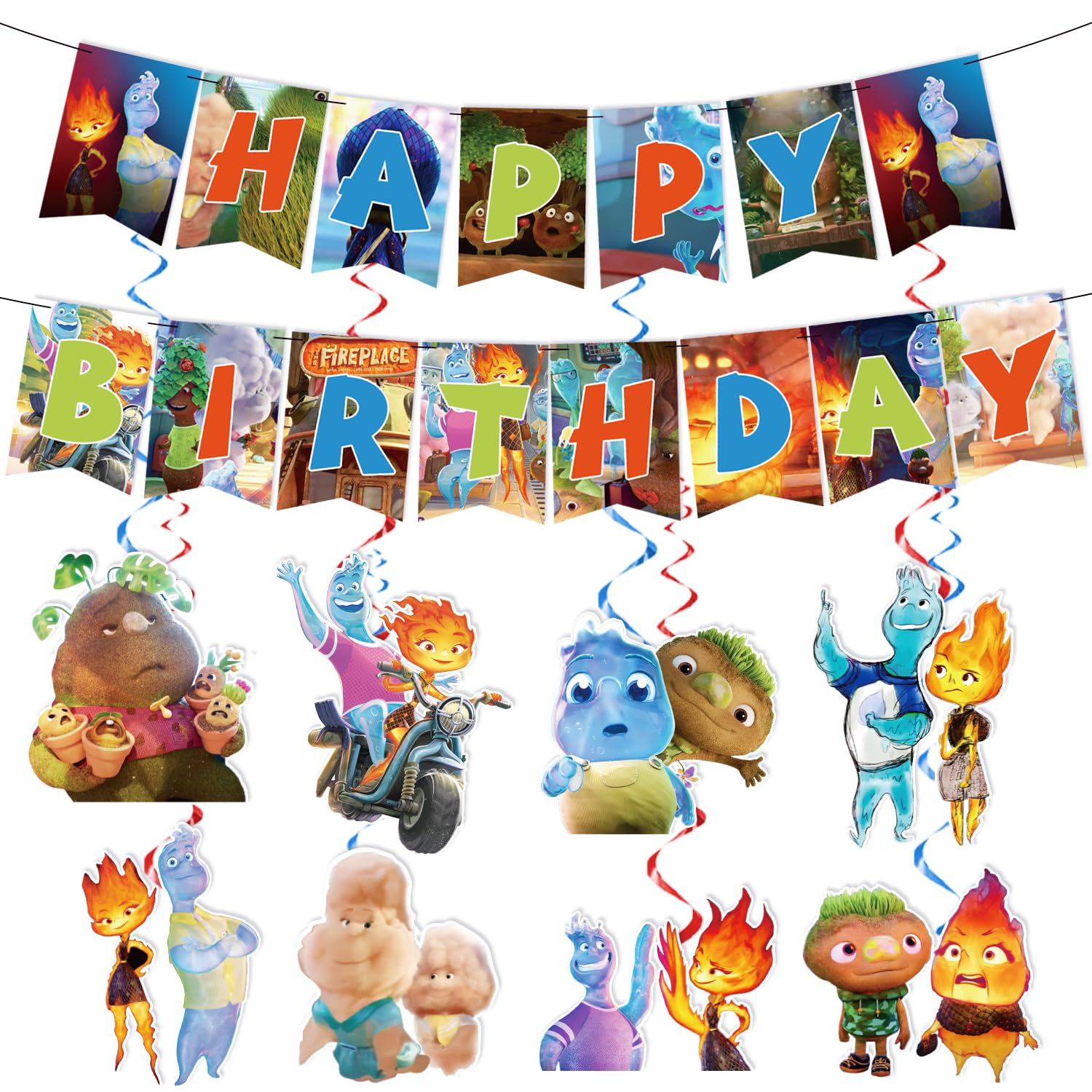 Elemental Birthday Banner and Hanging Swirls Decorations, Elemental Birthday Party Supplies Elemental Party Decorations Animation Elemental Birthday Decorations for Boys and Girls